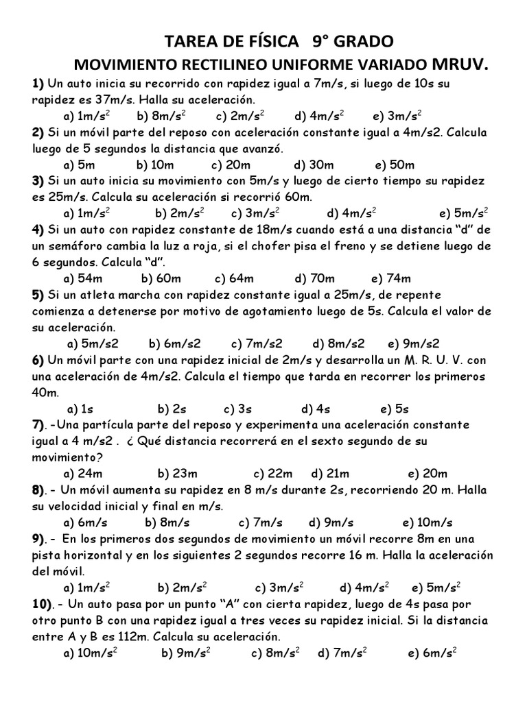 0607 - 9° - Tarea Física - Mruv | PDF