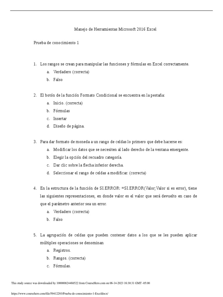Prueba de Conocimiento 1 Excel | PDF | Microsoft Excel | Ingeniería de software