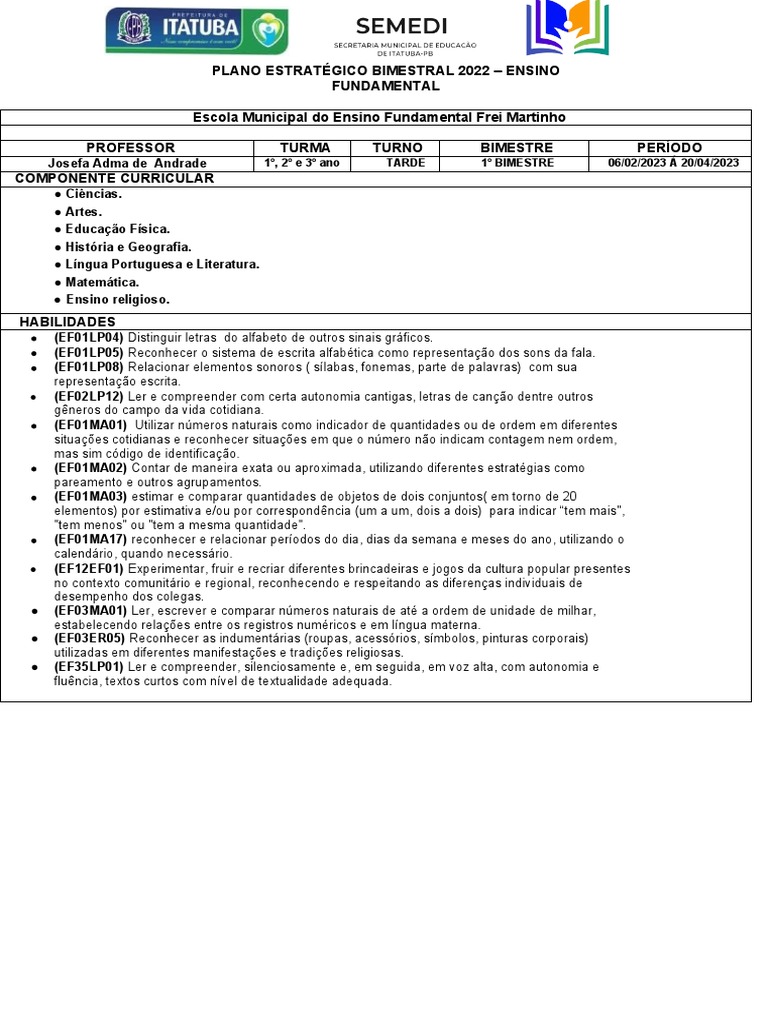 Plano 1° Bimestre 2022 - Ens Fund | PDF
