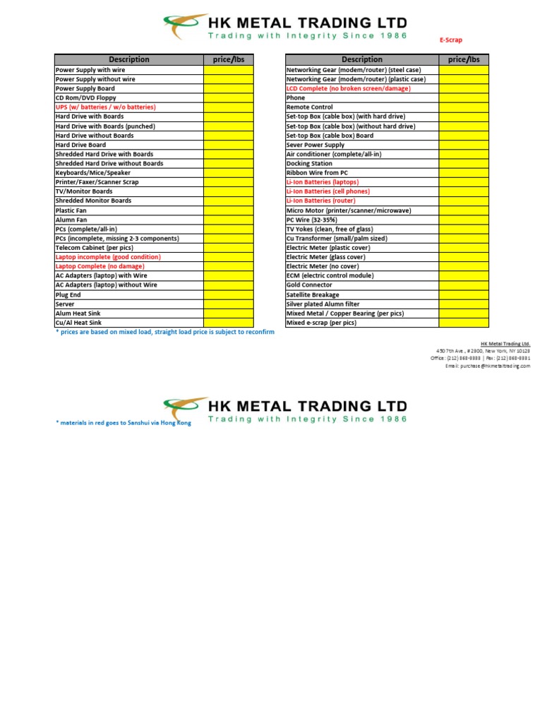 E-Scrap Pricing List by HK Metal Trading | PDF