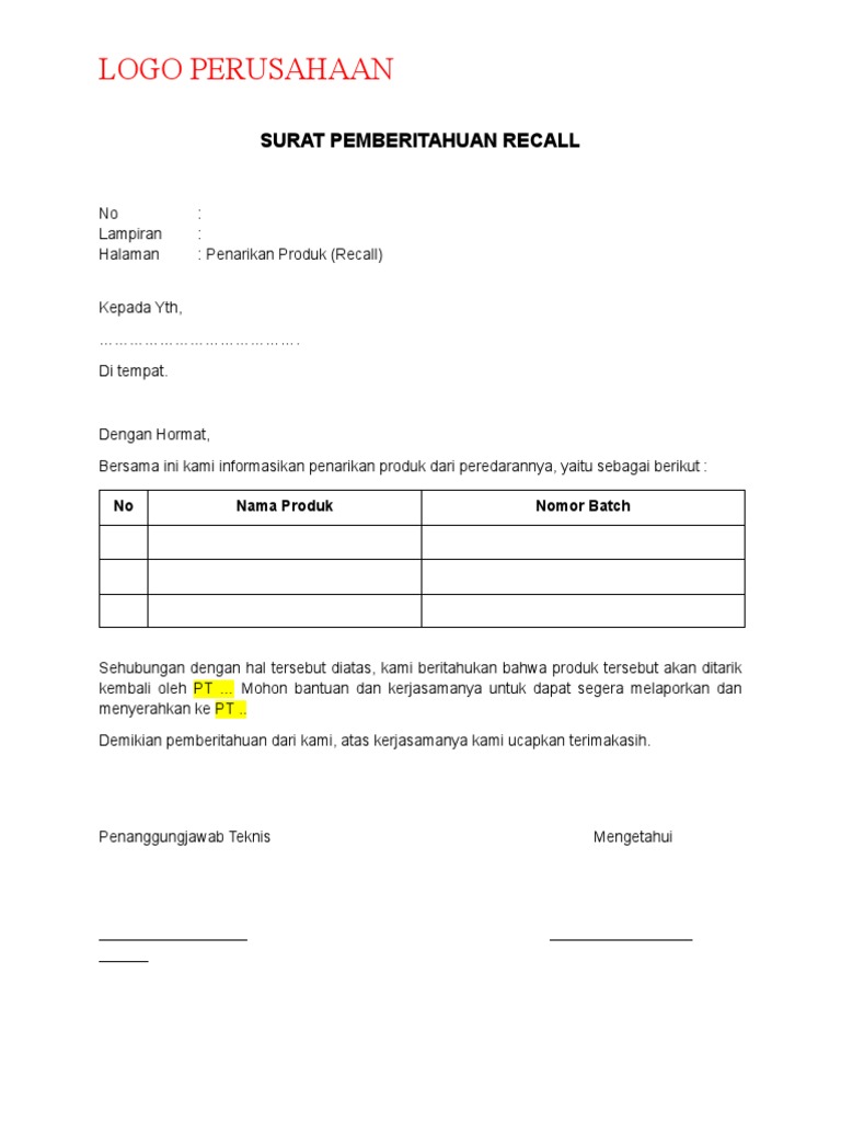 Form Pemberitahuan Recall | PDF