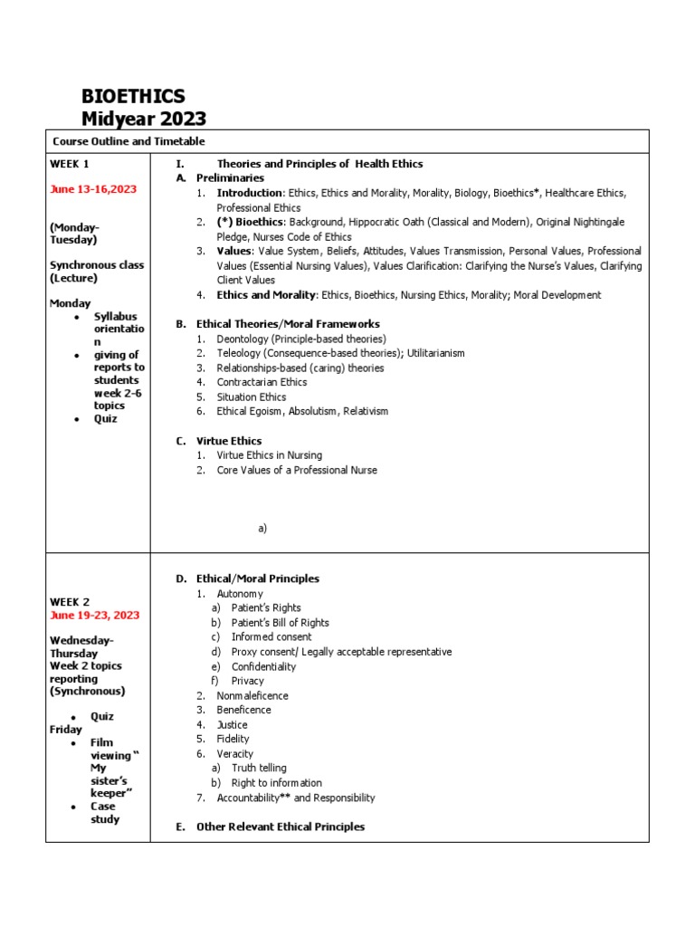 BIOETHICS Time Table and Outline | PDF