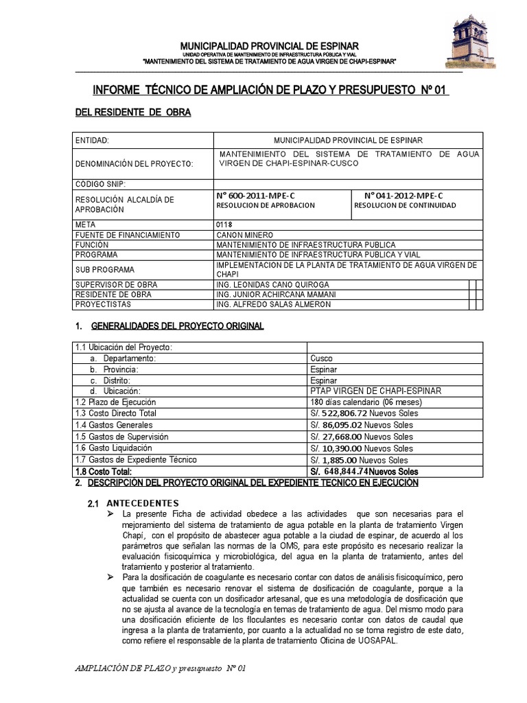 INFORME DEL RESIDENTE para Ampliacion de Plazo y Presupuesto | PDF