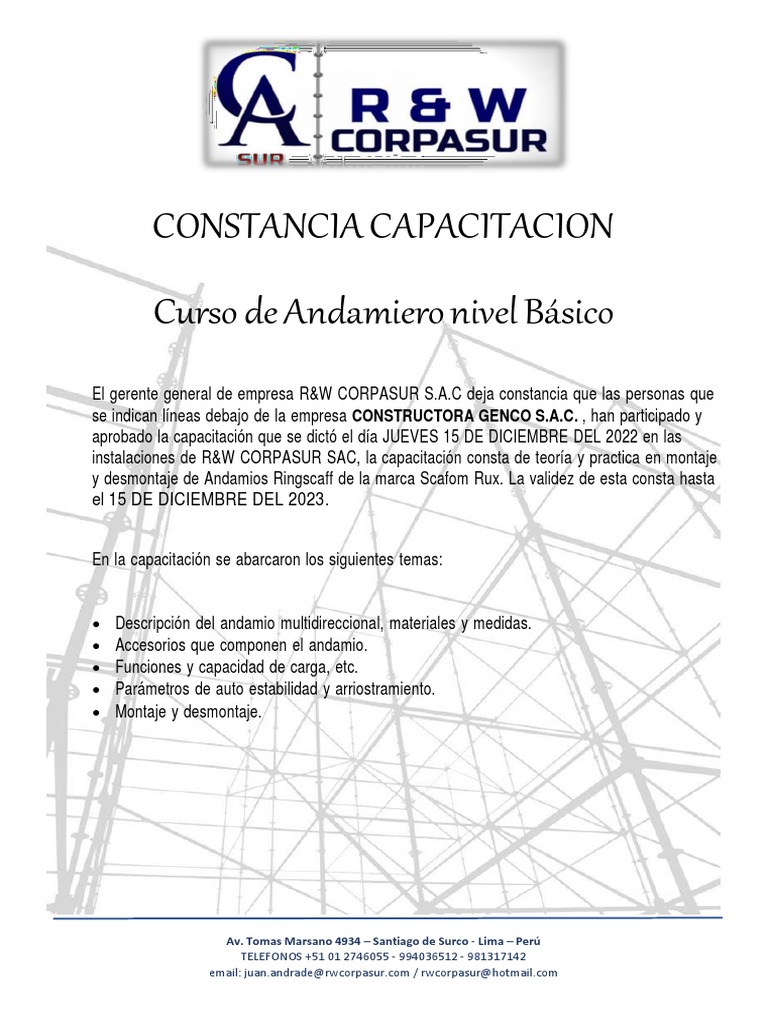 Constancia de Capacitacion Constructora Genco Sac - 1-1 | PDF