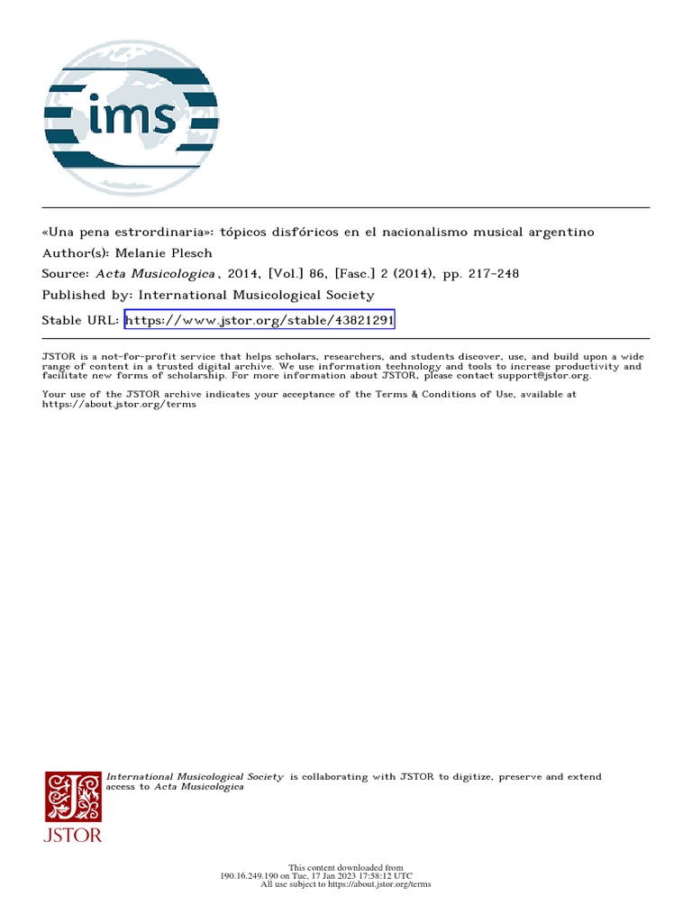 Pena Extraordinaria Topos Plesch Jstor | PDF | Canciones | Bailes