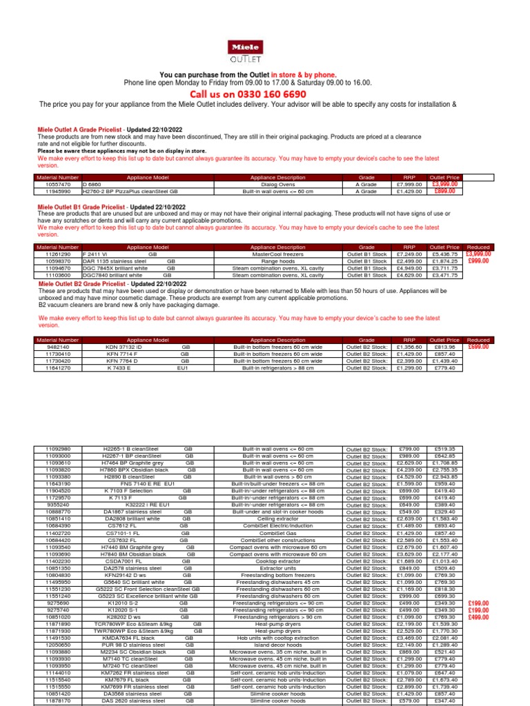 Miele Outlet Pricelist | PDF | Refrigerator | Consumer Goods