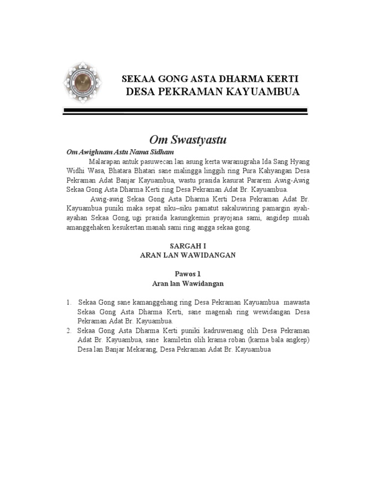 Awig-Awig Sekaa Gong | PDF | Memasak, Makanan, & Anggur