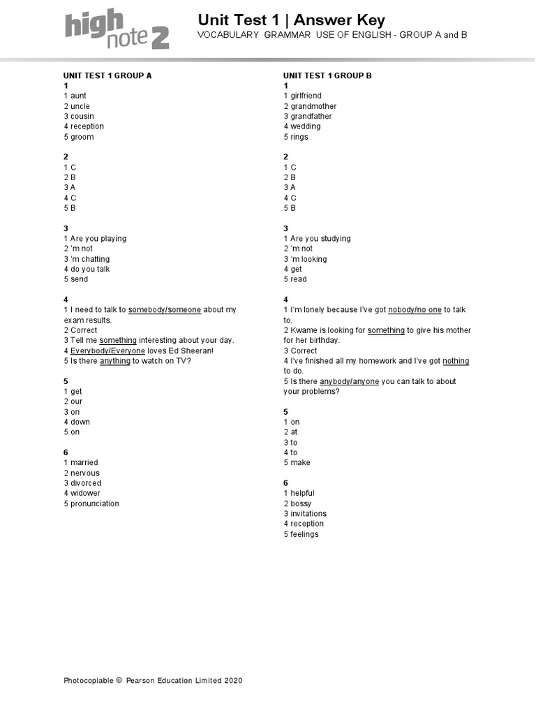 HighNote2 Unit Language Test Unit01 GroupA B ANSWERS | PDF
