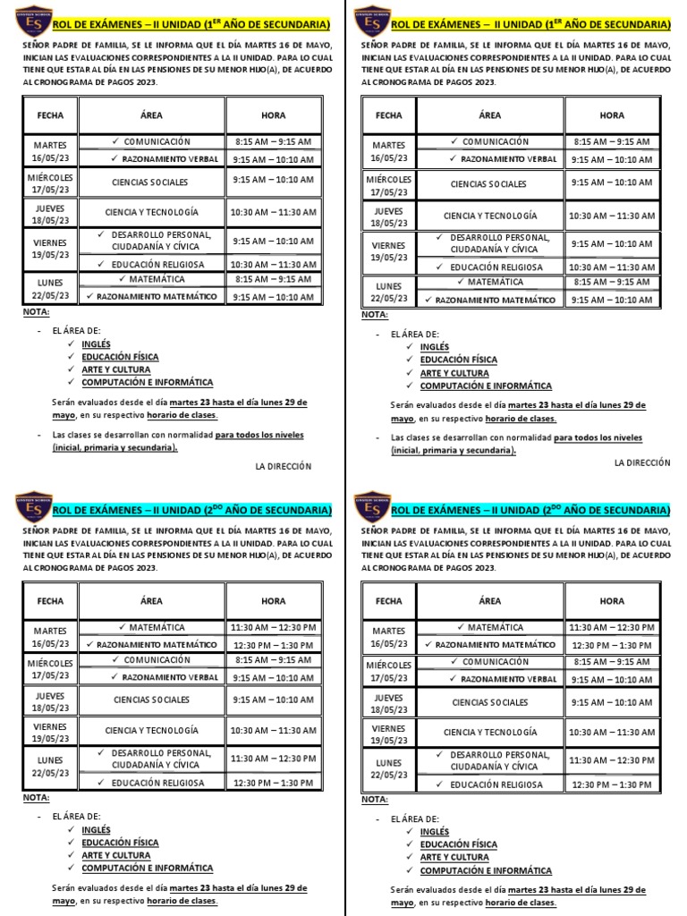Rol de Exámenes II Unidad - Secundaria 2023 | PDF | Informática