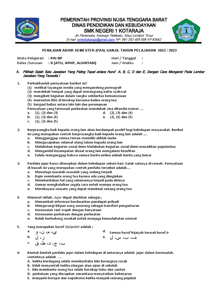 Soal Pas Pai BP 10 Ganjil Tp. 2022 - 2023 | PDF | Ilmu Sosial | Kajian Bahasa Asing
