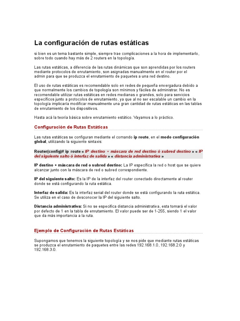 Configurar Rutas Estáticas Comando Ip Route | PDF | Enrutador (Computación) | Dirección IP