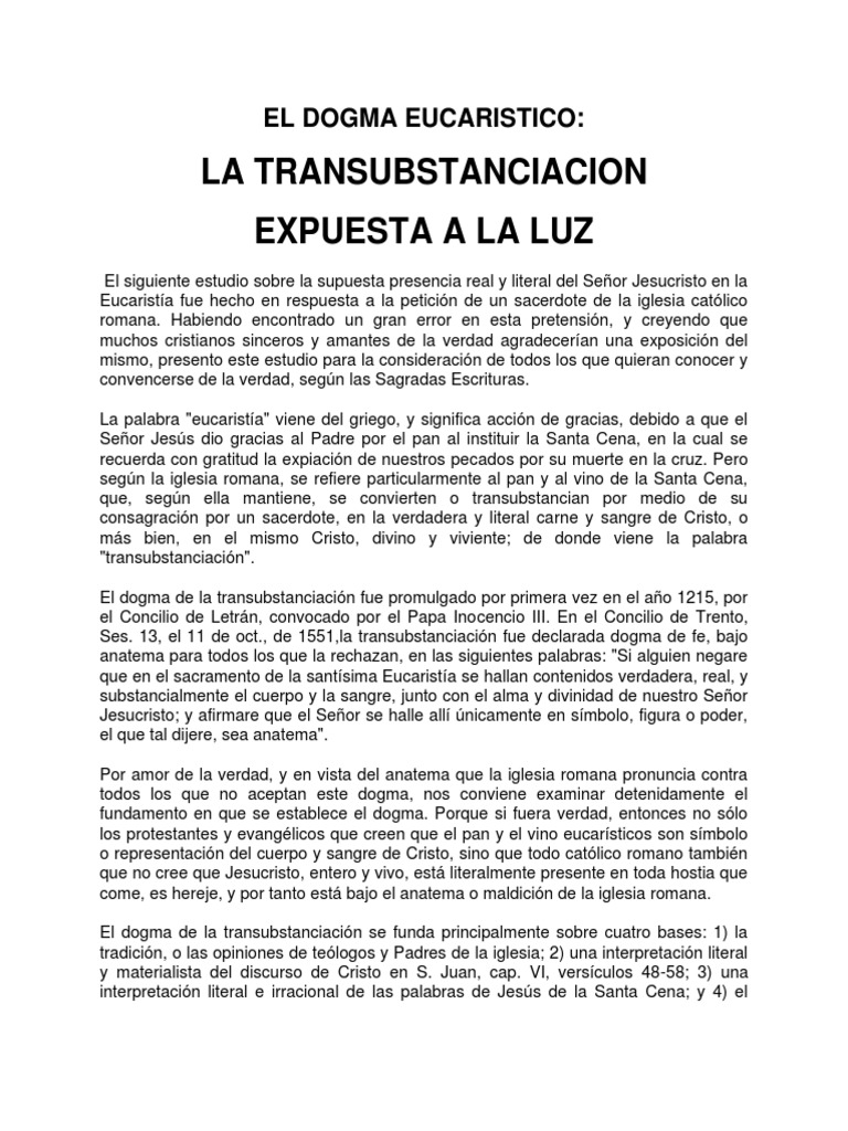 Crítica al Dogma de la Transubstanciación | PDF | eucaristía | Jesús