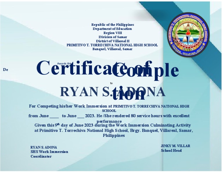 Work Immersion Certificate | PDF