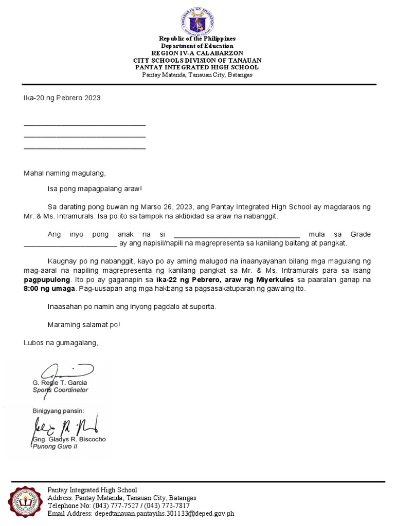 Letter For Parents Meeting | PDF