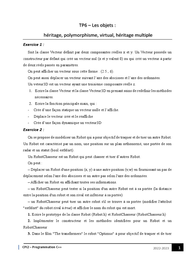 TP6 - Les Objets: Héritage, Polymorphisme, Virtual, Héritage Multiple ...