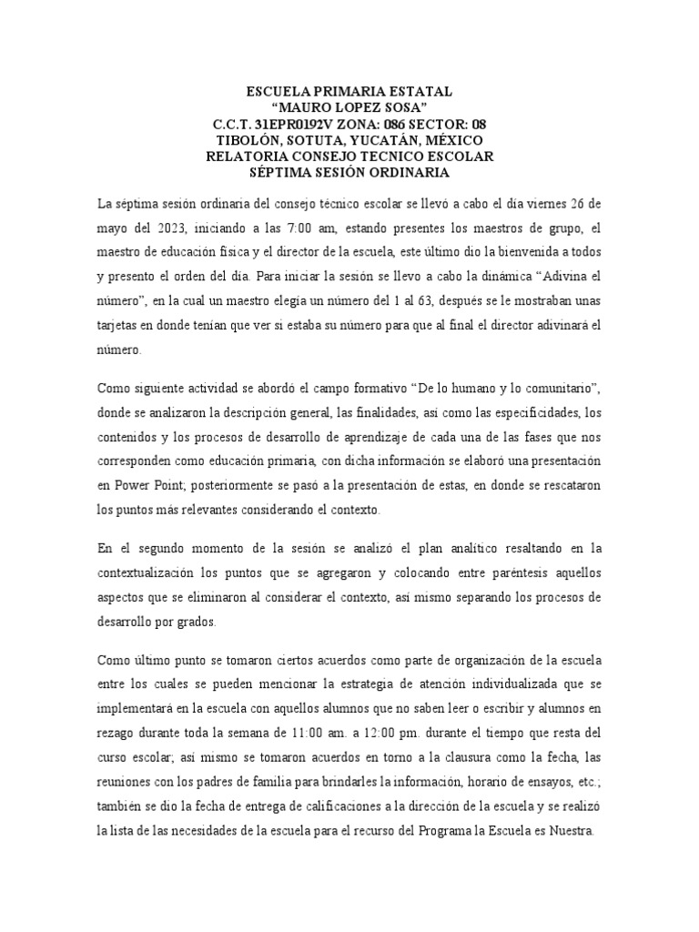 CTE. Relatoria Séptima Sesión | PDF