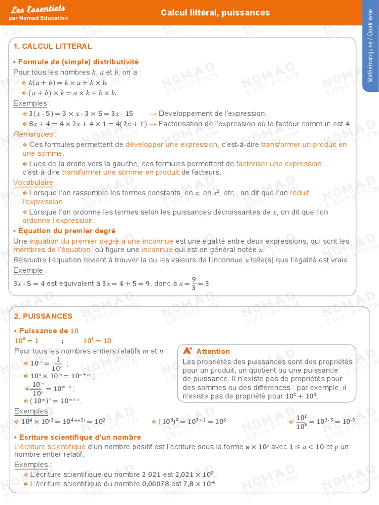Calcul Littéral, Puissances | PDF