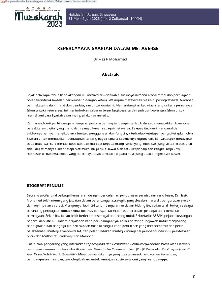 Sesi 1 Shariah Concerns in The Metaverse DR Hazik Kertas Kerja - En.ms | PDF