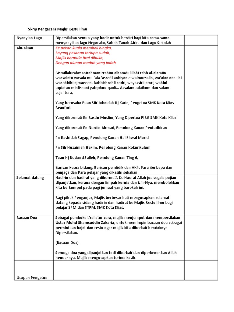 Skrip Pengacara Majlis Restu Ilmu | PDF