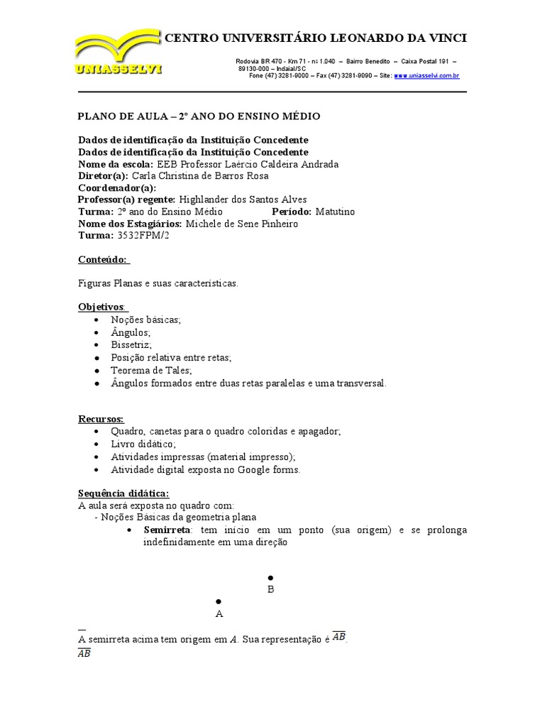Plano de Aula Ensino Médio - Geometria Plana (2º Ano) | PDF | Ângulo ... Plano de Aula Ensino Médio - Geometria Plana (2º Ano) | PDF | Ângulo ...