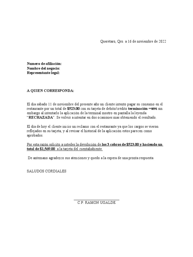 Carta Devolucion Banco | PDF