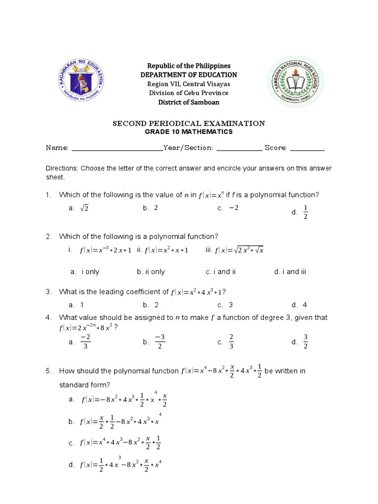 MATH 10 Q2 Quarter Test | PDF