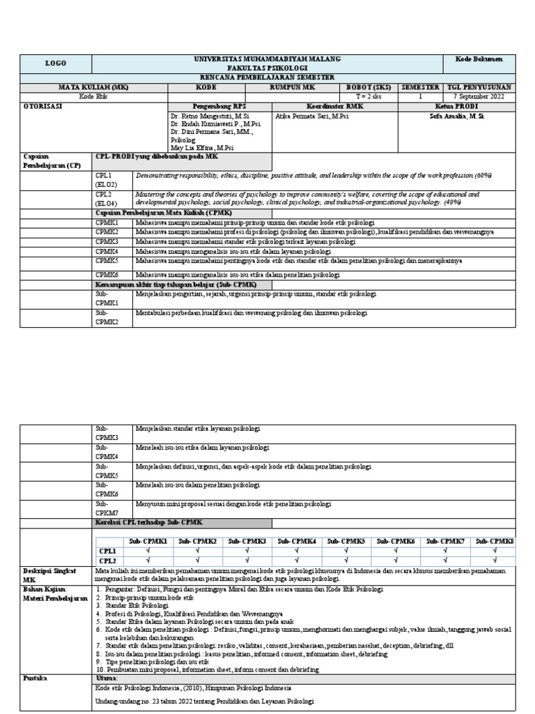 (Ganjil 2022) RPS Kode Etik | PDF