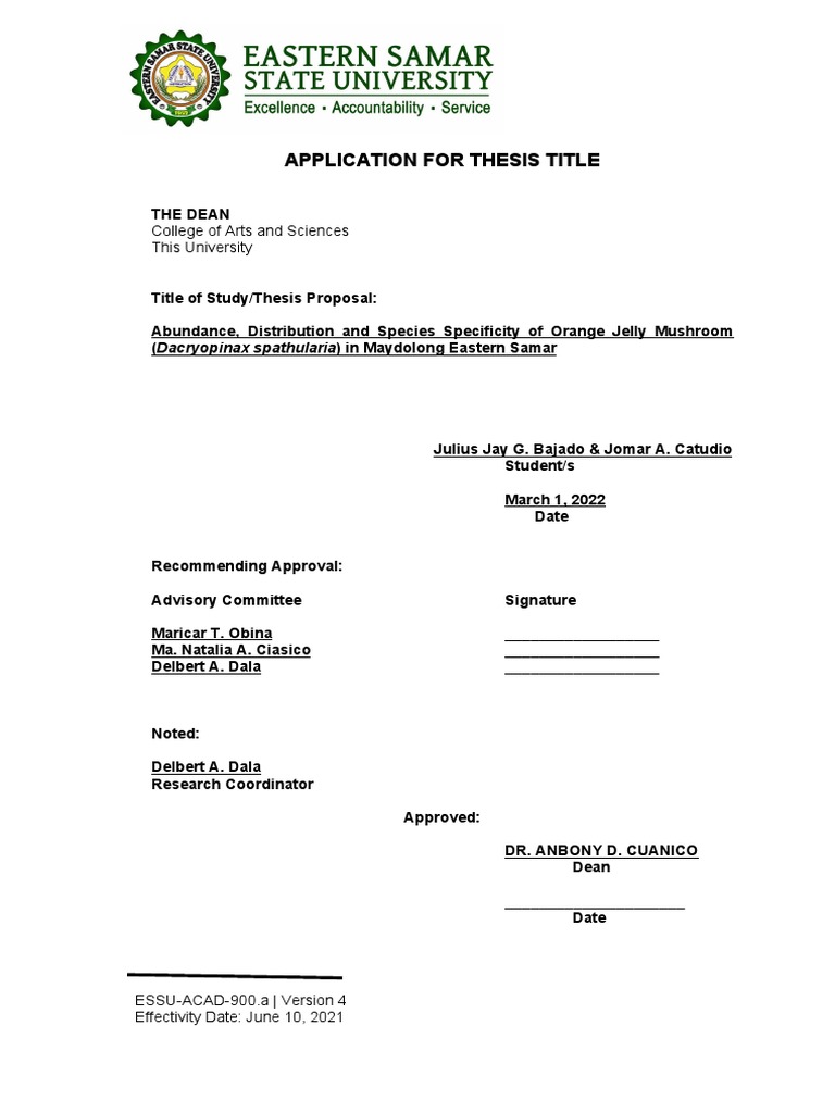 Application For Thesis Title: College of Arts and Sciences This ...