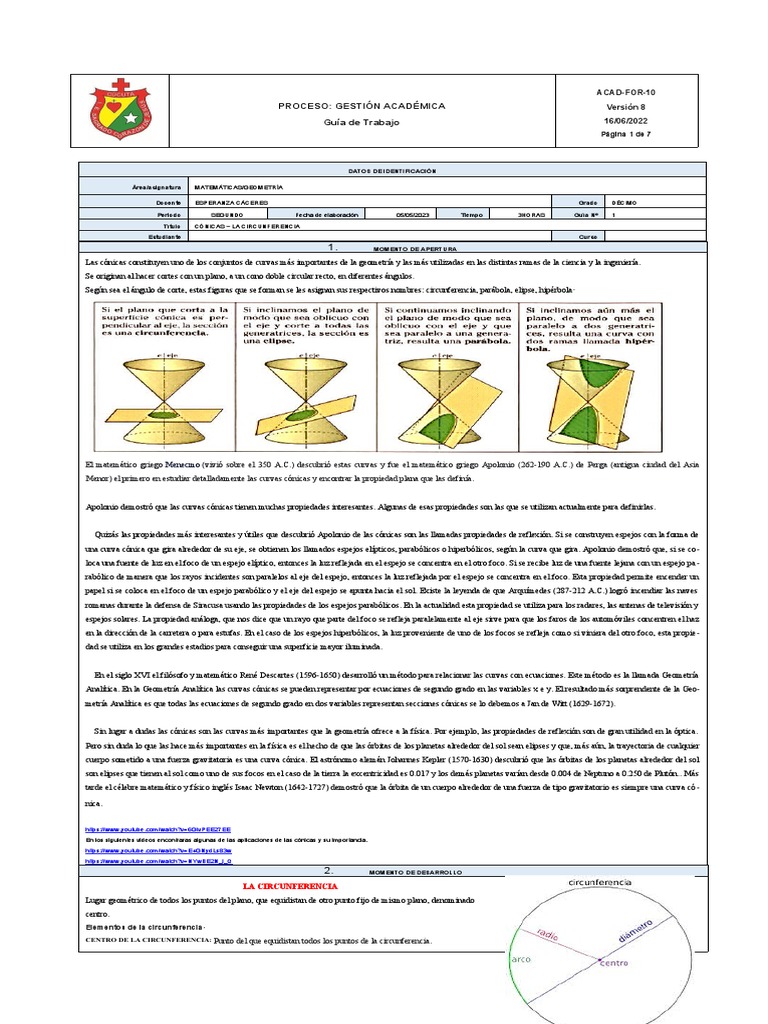 Guía de Cónicas 1. La Circunferencia | PDF | Elipse | Matemática Elemental