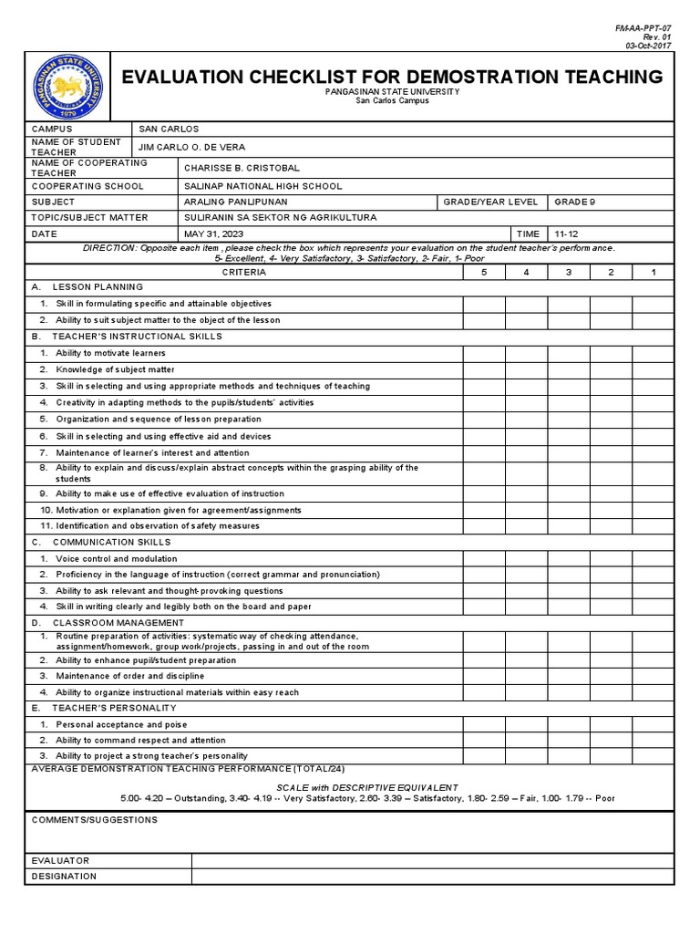 Xx07 Evaluation Checklist For Demonstration Teaching | PDF