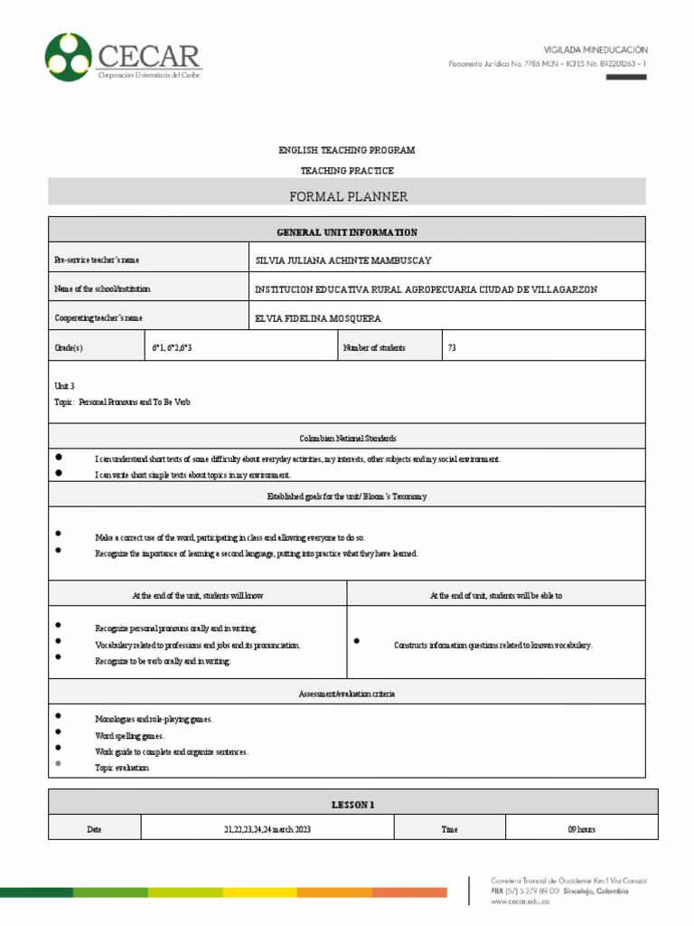 Third Lesson Plan Submission (20 Hours) | PDF