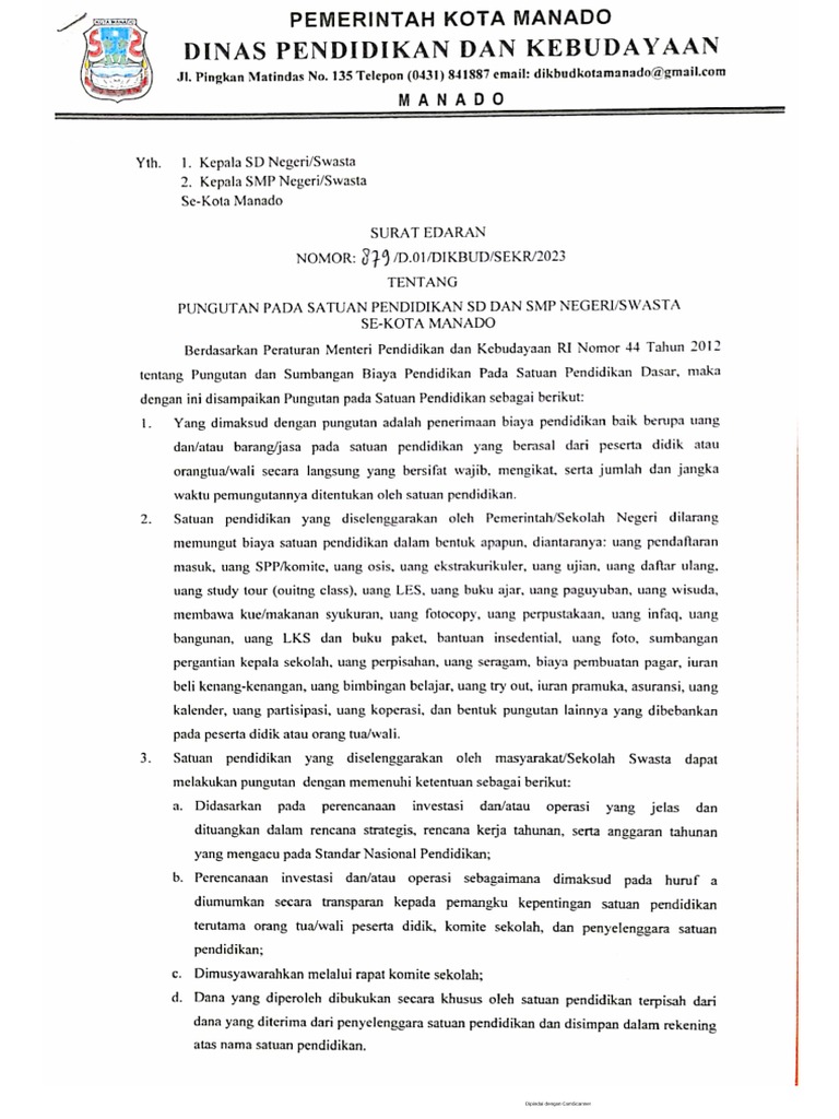 Surat Edaran Pungutan Pada Satuan Pendidikan | PDF