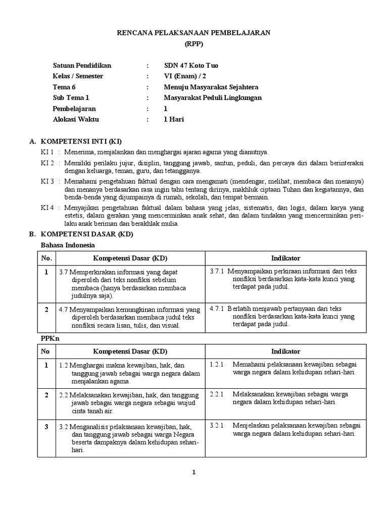 RPP TEMA 6 - Menuju Masyarakat Sejahtera | PDF