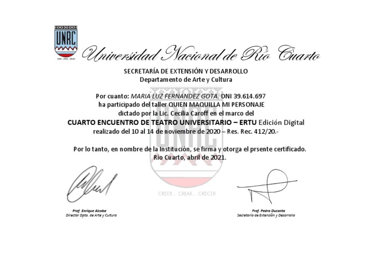 CERTIFICADO - ERTU 2020 Taller CAROFF Fernandez Gota | PDF