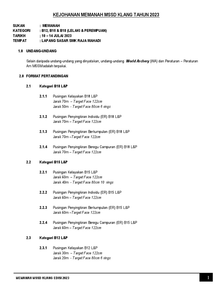 Peraturan Kejohanan Memanah MSSD 2023 | PDF