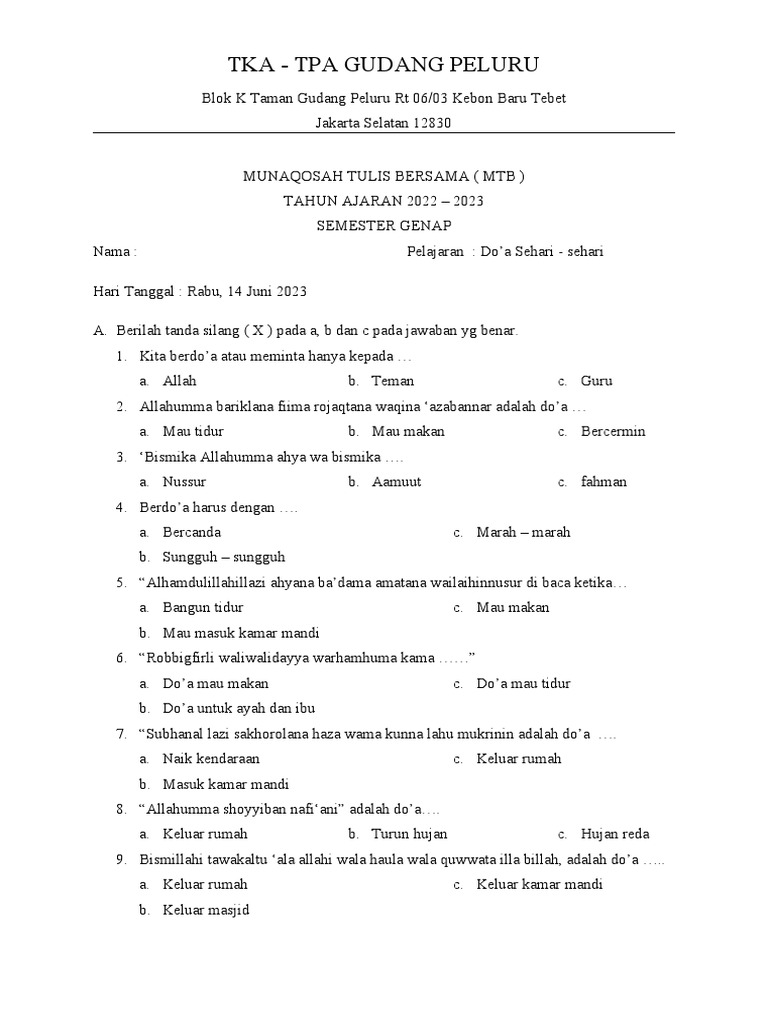 Soal TPQ - Doa Harian | PDF