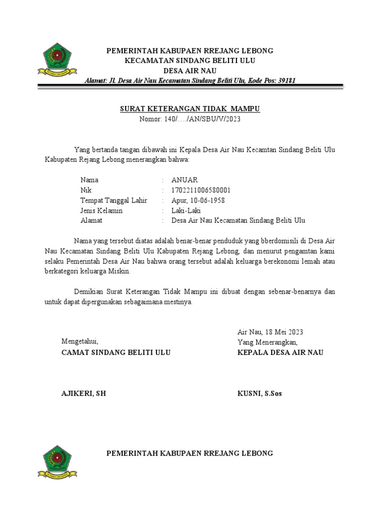 Keterangan Tidak Mampu Desa | PDF