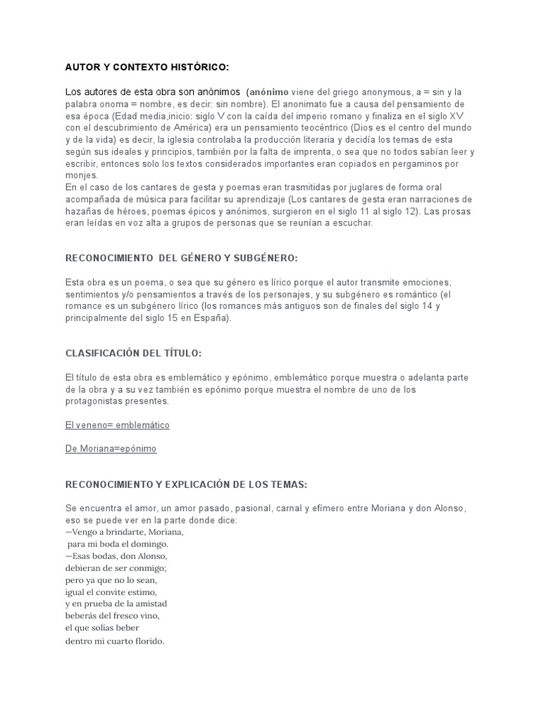 Análisis de La Obra "El Veneno de Moriana" | PDF | Autor