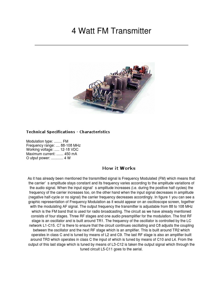 4 Watt FM Transmitter | PDF | Amplifier | Frequency Modulation