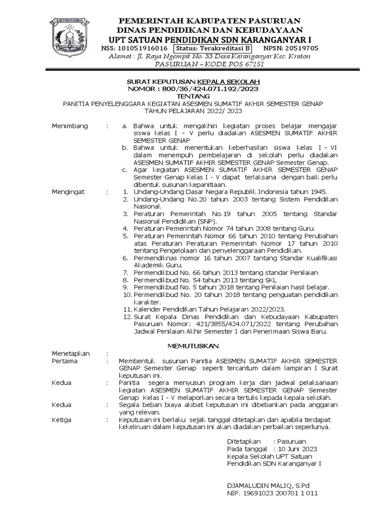 SK Panitia Asesmen Sumatif Akhir Semester Genap | PDF