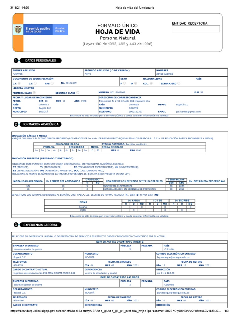 Hoja Vida SIGEP Noviembre | PDF | Colombia | Etapas educativas