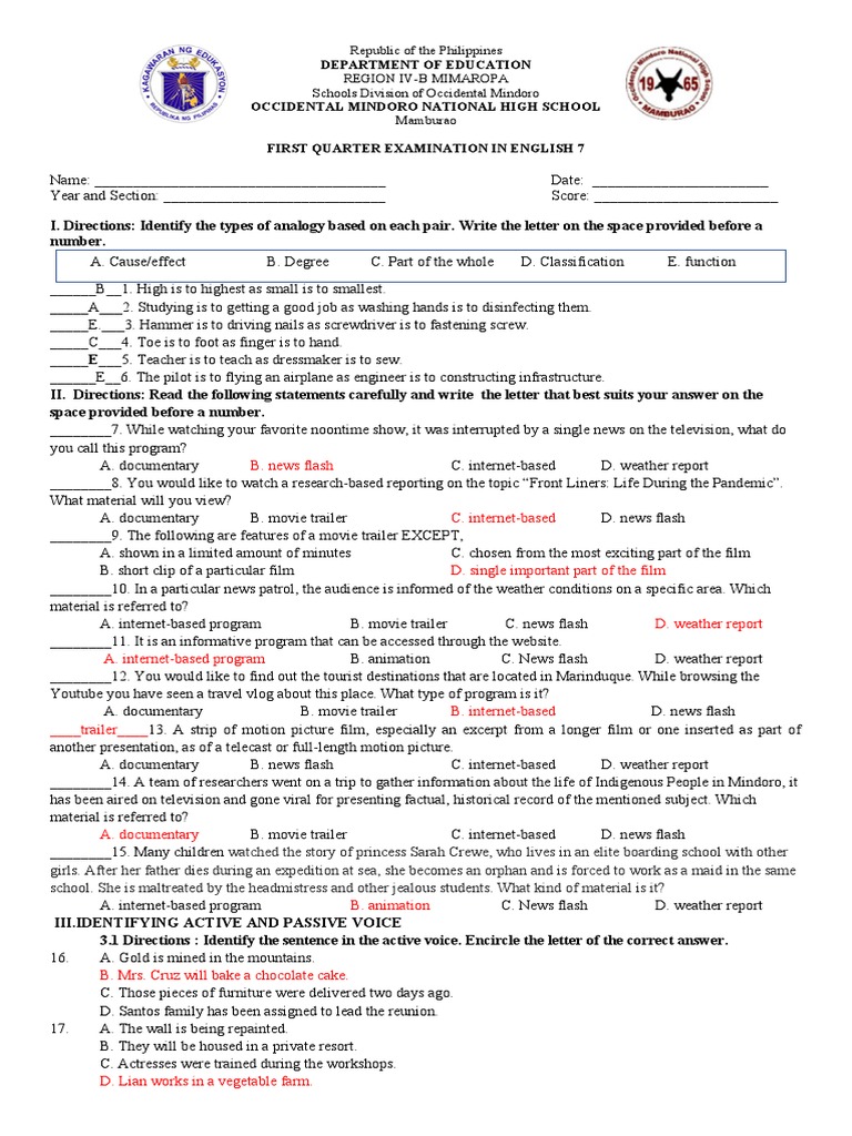 EN7 1st Quarter Examination | PDF