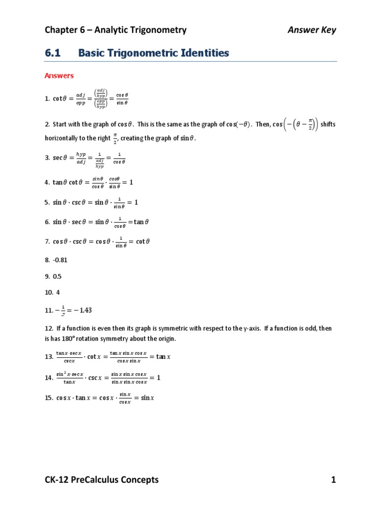 Answer Key - CK-12 Chapter 06 PreCalculus Concepts | PDF | Trigonometry | Special Functions