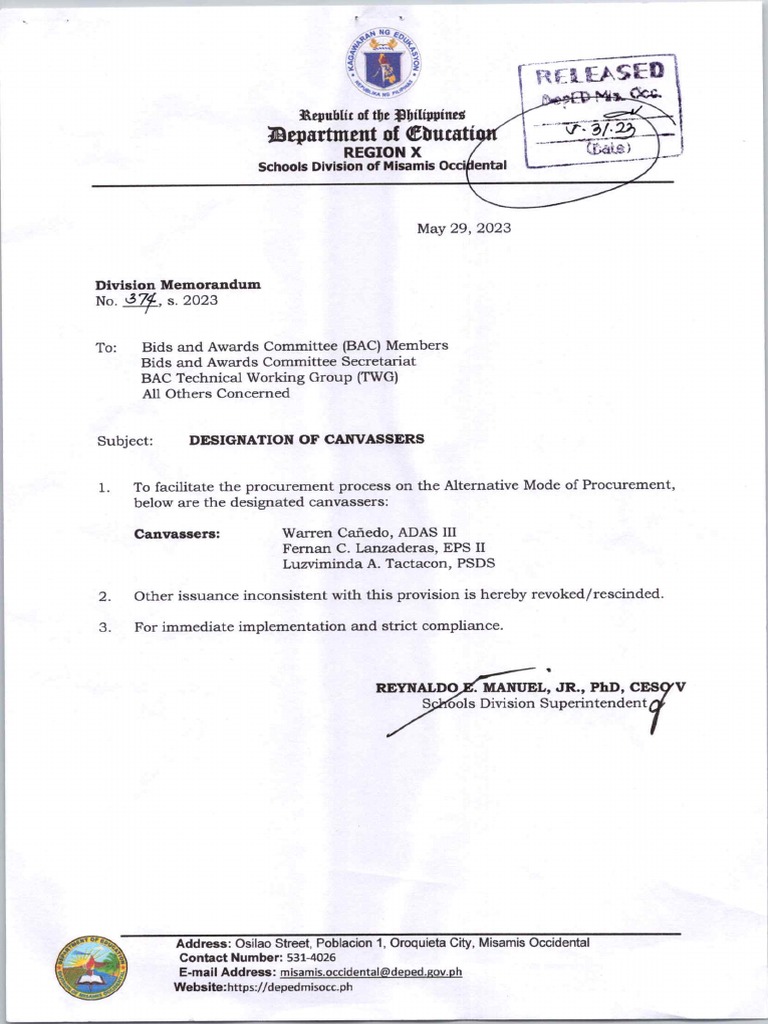 DepED Mis Occ - DM.-374-S.-2023-DESIGNATION-OF-CANVASSERS | PDF