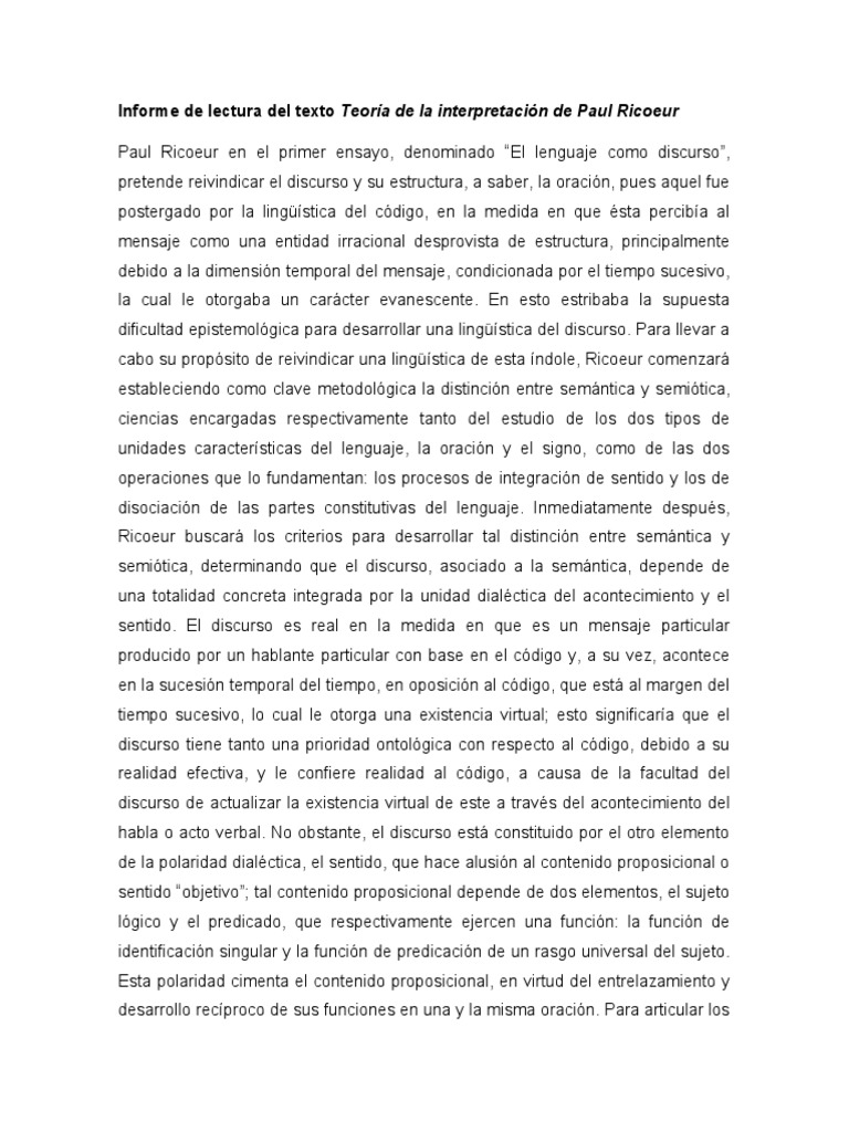 Informe de Lectura Del Texto Teoría de La Interpretación de Paul ...