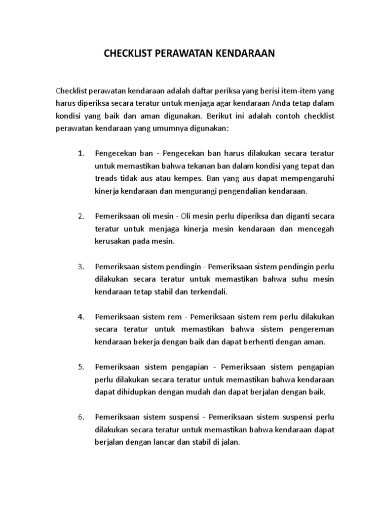 Checklist Perawatan Kendaraan | PDF