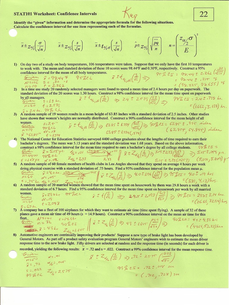 Confidence Intervals 2 Key Pdf