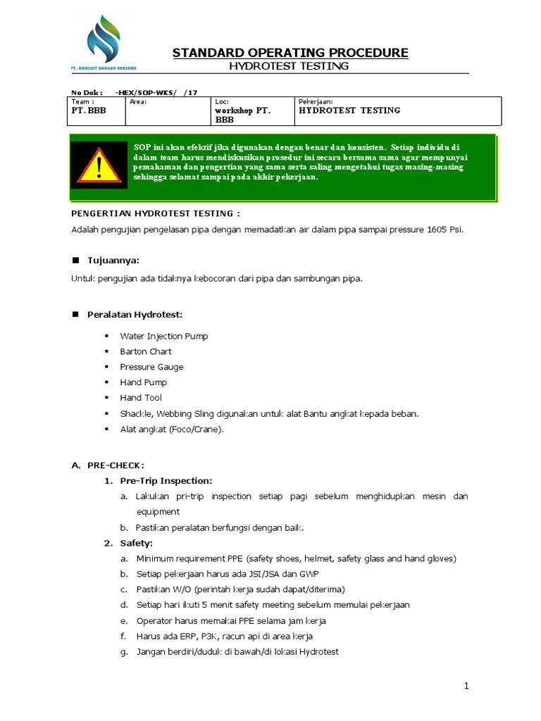 Sop Hydrotest | PDF