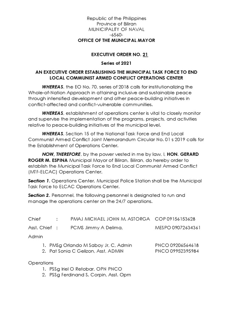 EXECUTIVE ORDER ELCAC OPCEN.docx | PDF