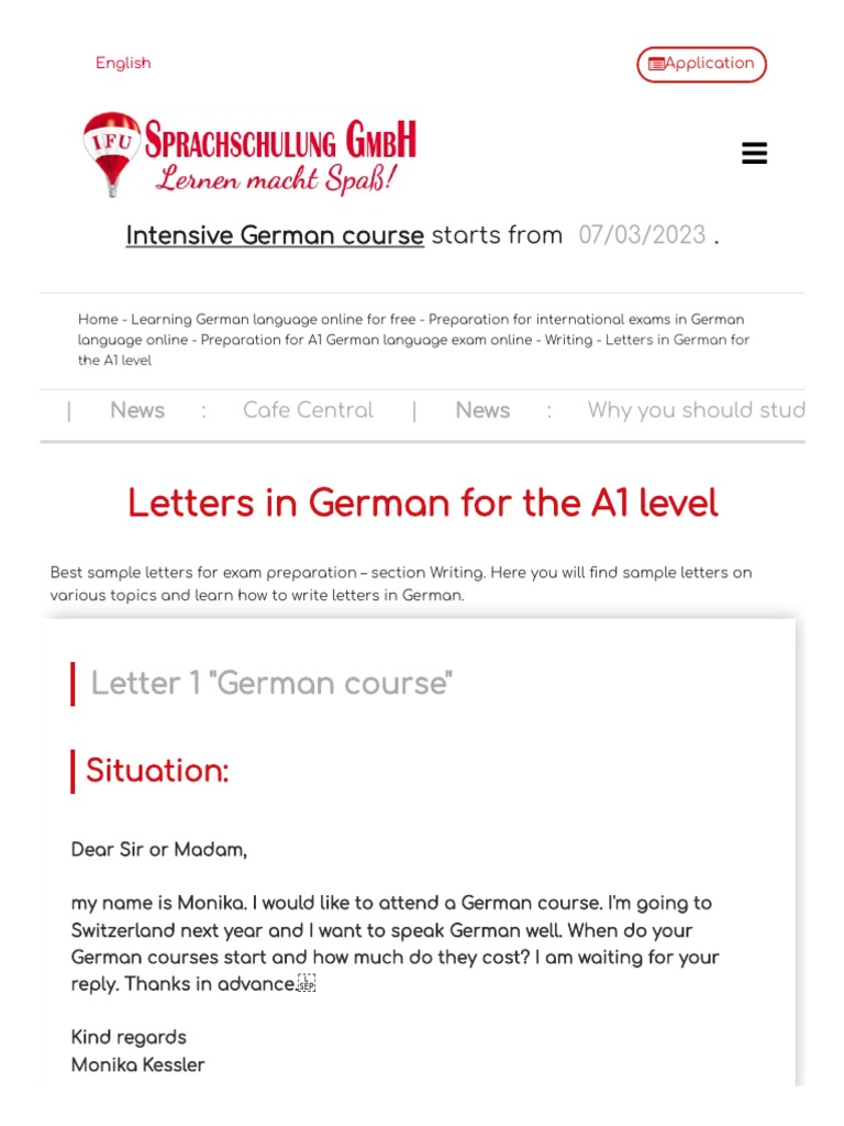 Examples of Letters in English - Level A1 - IfU Language School | PDF